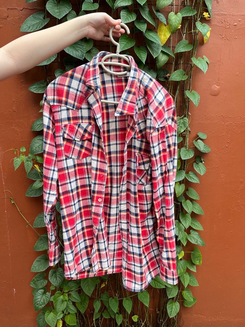 Oversized Red Checkered Flannel Longsleeves Top, Women's Fashion, Tops ...
