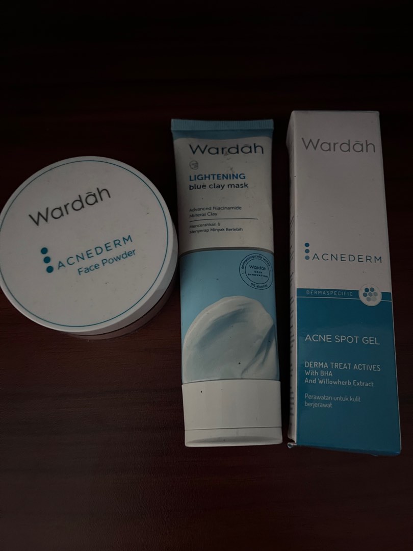 WARDAH ACNE DERM FACE POWDER, LIGHTENING BLUE CLAY MASK& ACNEDERM ACNE ...