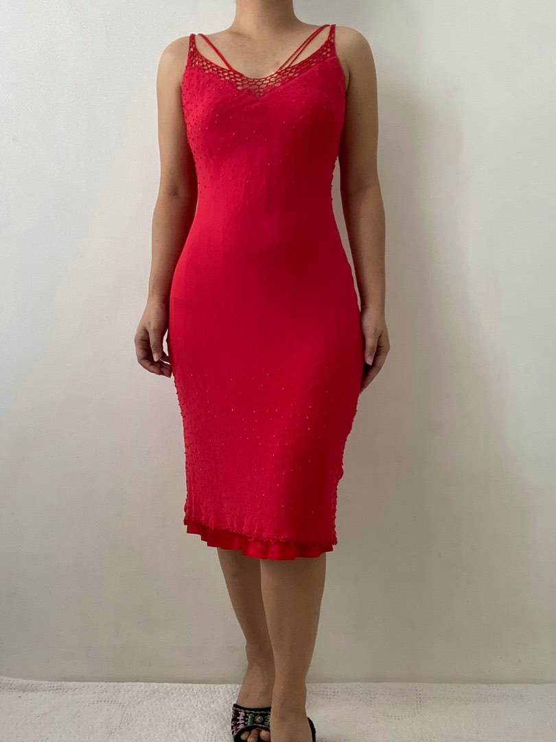 Beaded chili red silk-chiffon dress, Women's Fashion, Dresses & Sets ...
