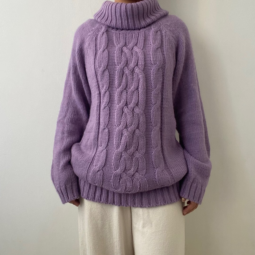 Lavender bulky cable knit turtle neck sweater, Women's Fashion, Tops ...