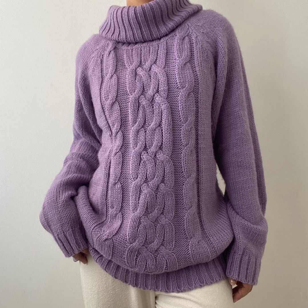 Lavender bulky cable knit turtle neck sweater, Women's Fashion, Tops ...