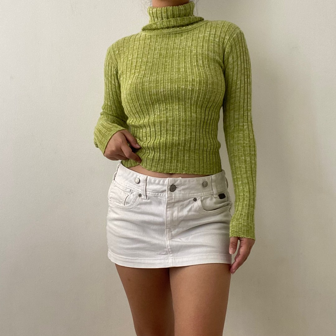 Lime turtle neck rib-knit semi crop top, Women's Fashion, Tops ...