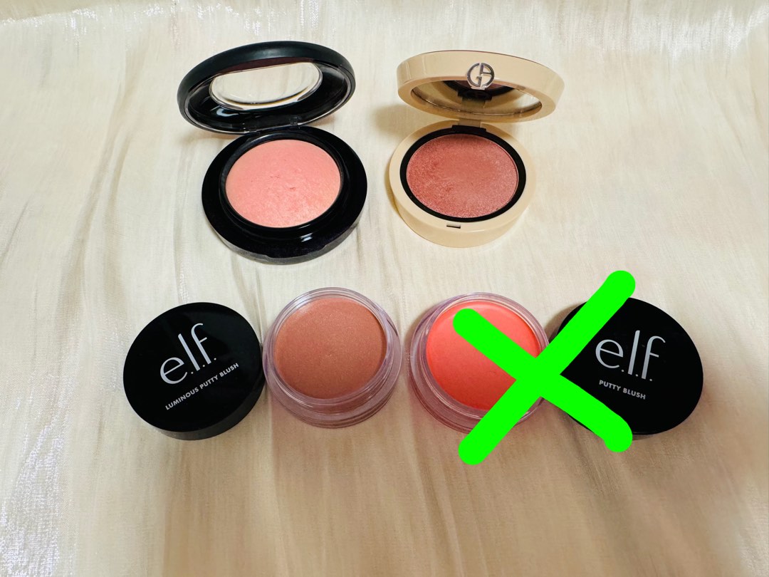 MAC blush Dainty $60, Armani Neo Nude blush $50, ELF Putty Blush Bora Bora $25 (sold), ELF Putty ...