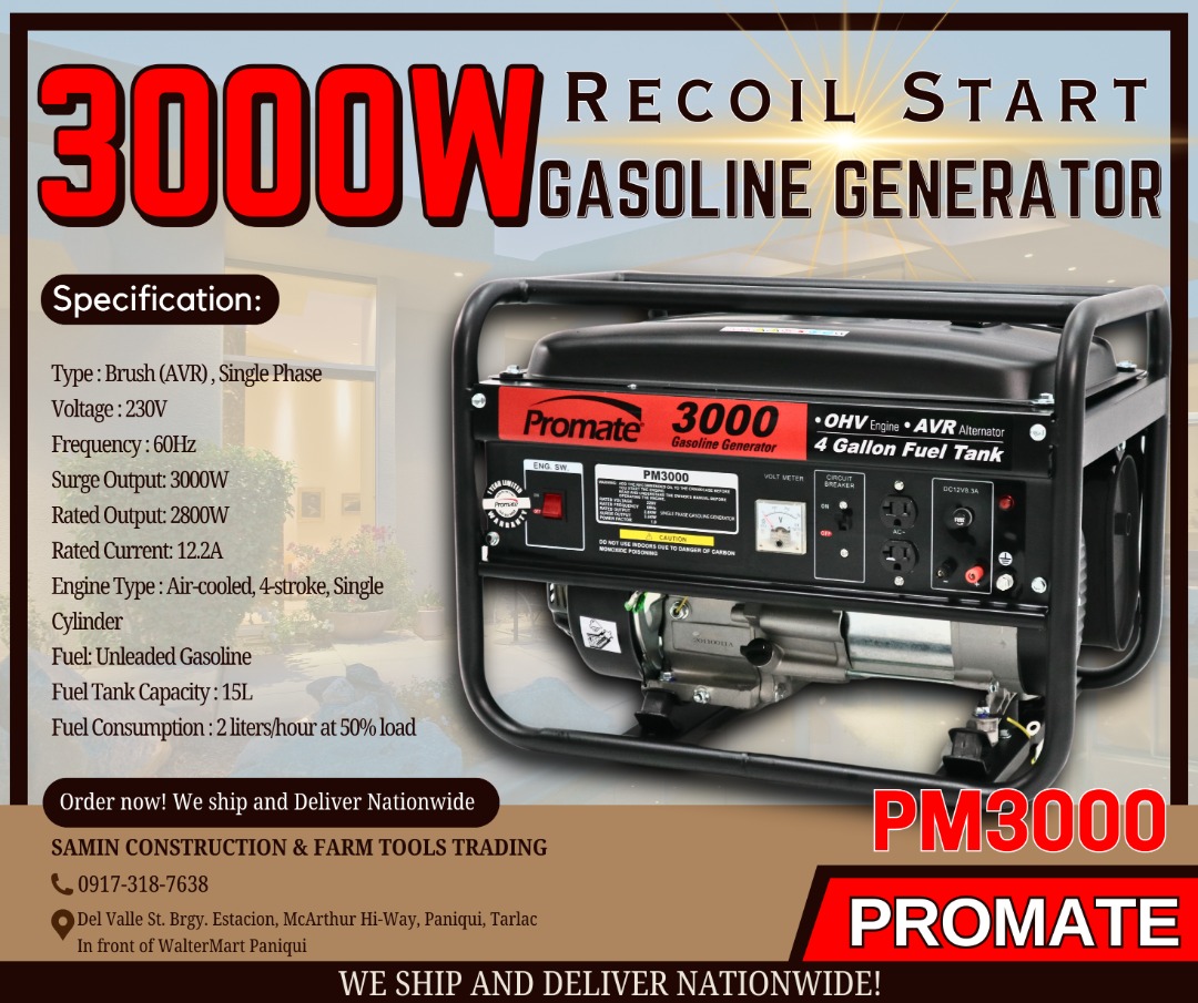 PROMATE 3500W 3.5Kva Gasoline Generator Set Recoil / Manual Start ...