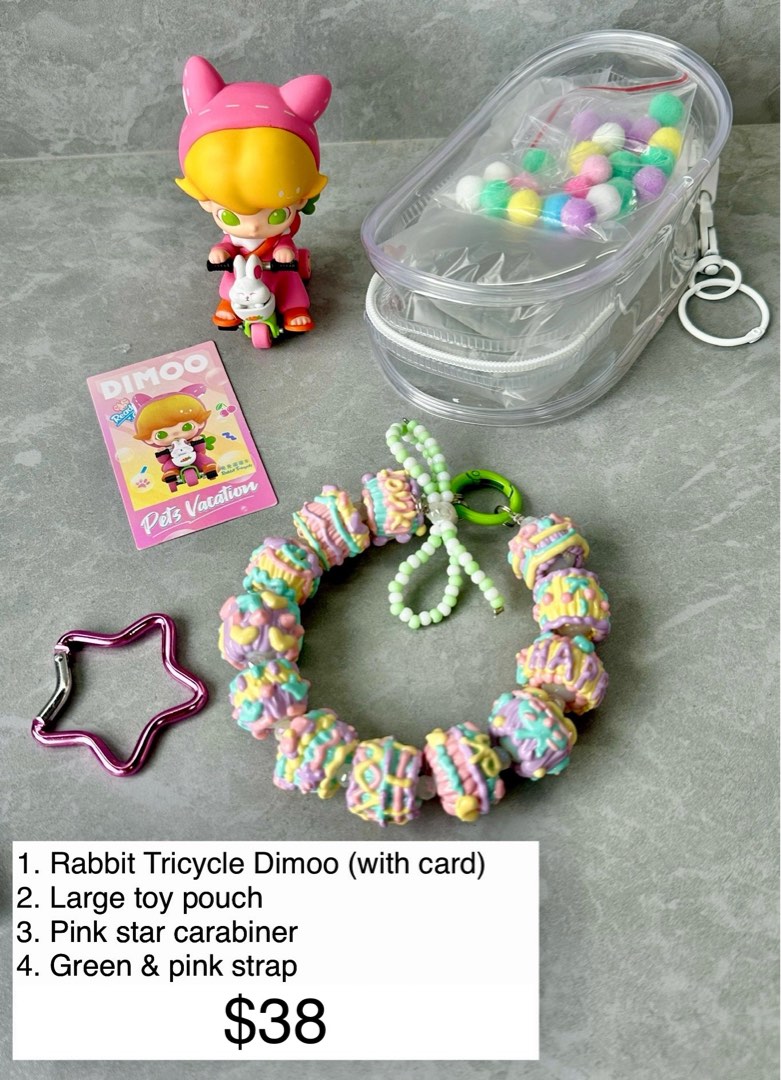 Popmart Rabbit Tricycle Dimoo phone strap/ bag charm set, Mobile Phones ...