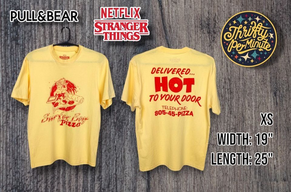 Stranger Things Surfer Boy Pizza Shirt (Netflix x Pull & Bear), Men's Fashion, Tops & Sets ...