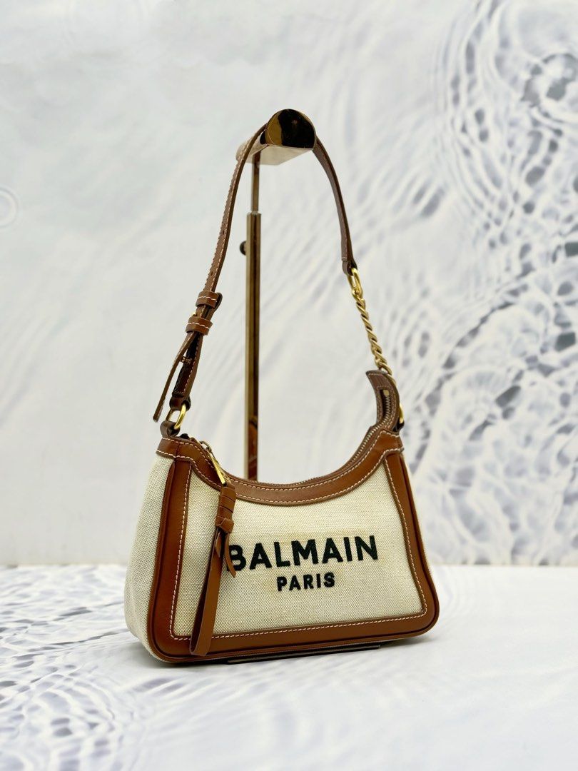 BALMAIN PARIS B-ARMY SHOULDER BAG IN CANVAS OFF WHITE AND BROWN CALF LEATHER, Luxury, Bags ...