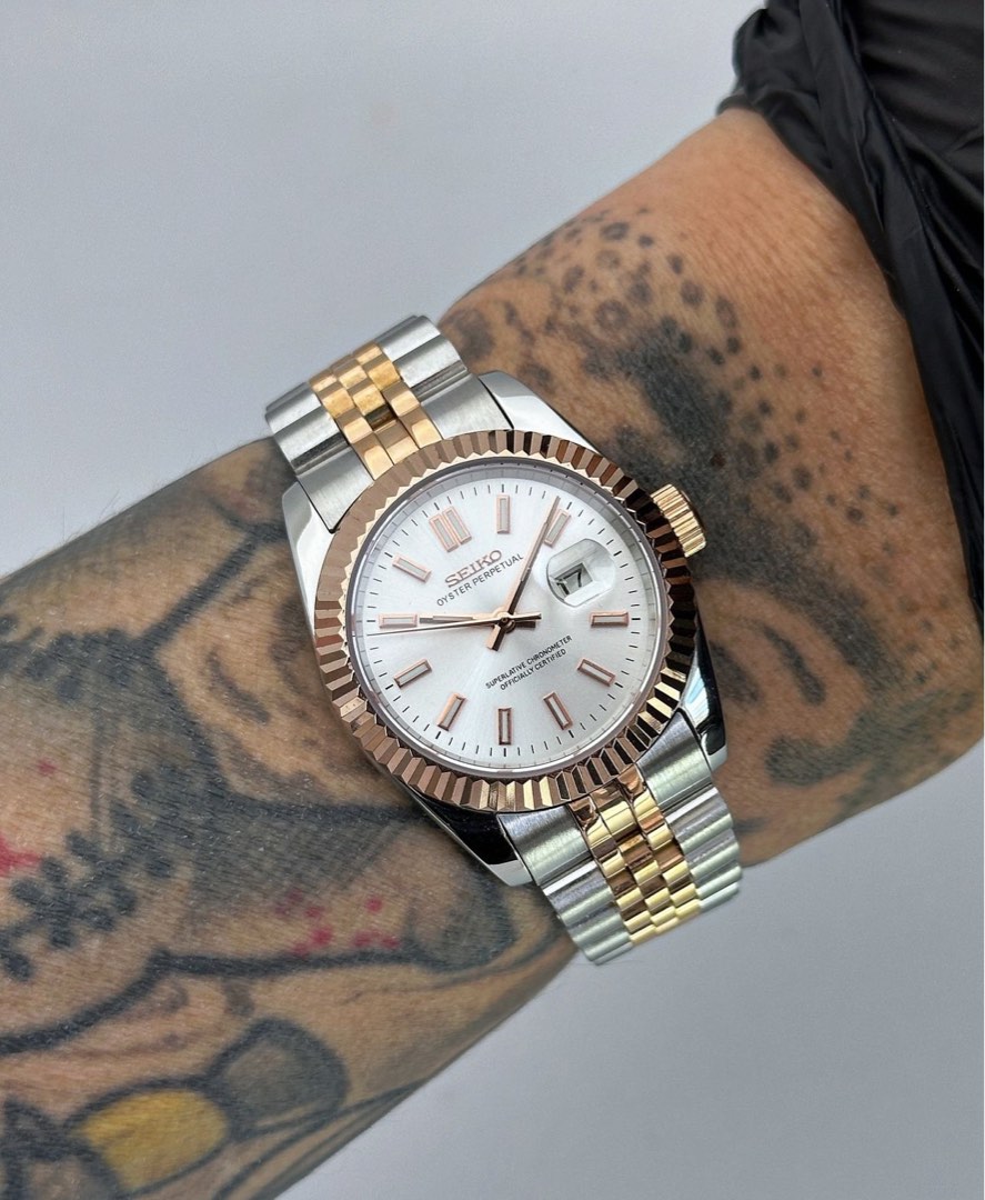 Custom Seiko Mod 31mm 2-Tone Silver Rose Gold DateJust Automatic Watch ...