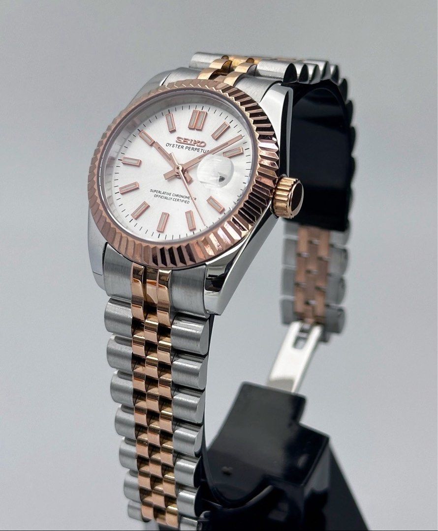 Custom Seiko Mod 31mm 2-Tone Silver Rose Gold DateJust Automatic Watch ...