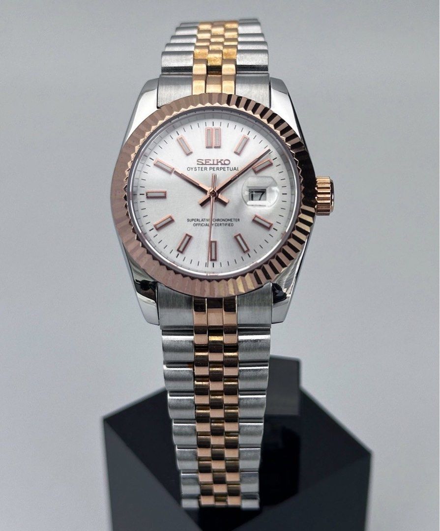 Custom Seiko Mod 31mm 2-Tone Silver Rose Gold DateJust Automatic Watch ...