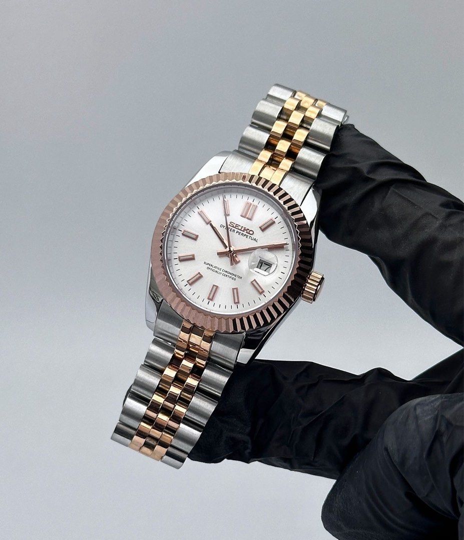 Custom Seiko Mod 31mm 2-Tone Silver Rose Gold DateJust Automatic Watch ...