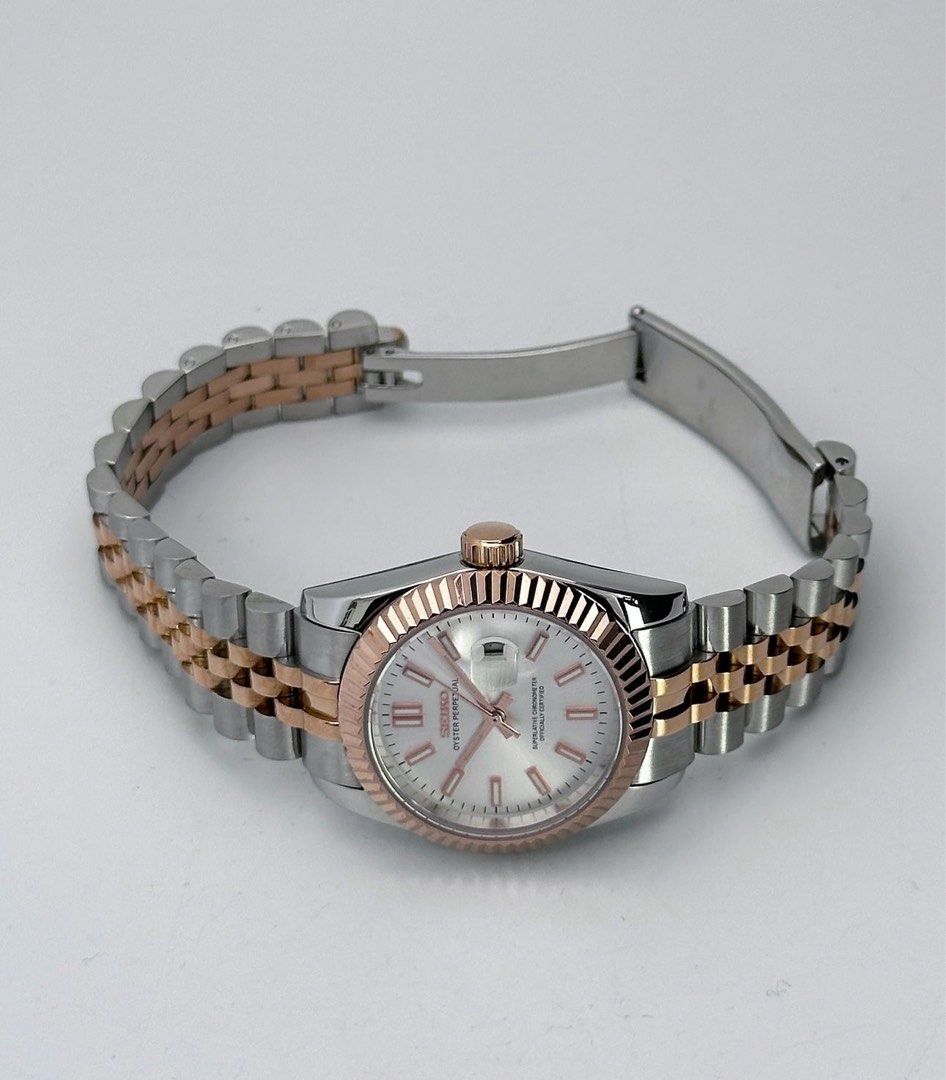 Custom Seiko Mod 31mm 2-Tone Silver Rose Gold DateJust Automatic Watch ...