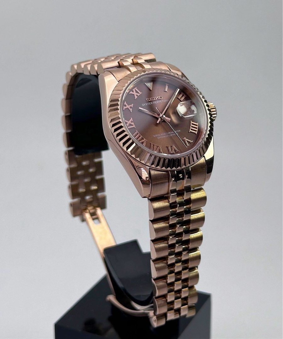 Custom Seiko Mod 31mm Chocolate Roman Rose Gold DateJust Automatic ...
