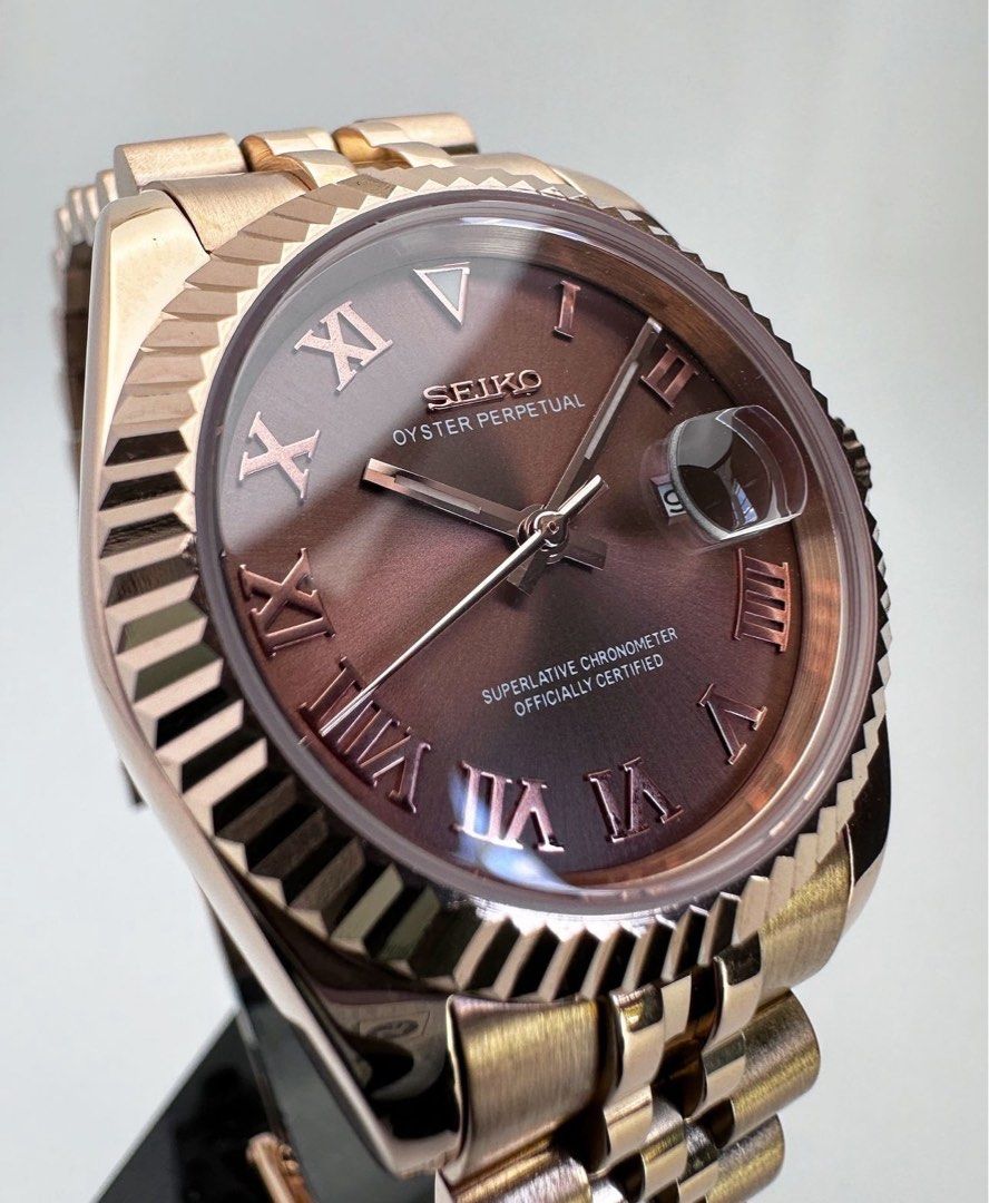 Custom Seiko Mod 31mm Chocolate Roman Rose Gold DateJust Automatic ...