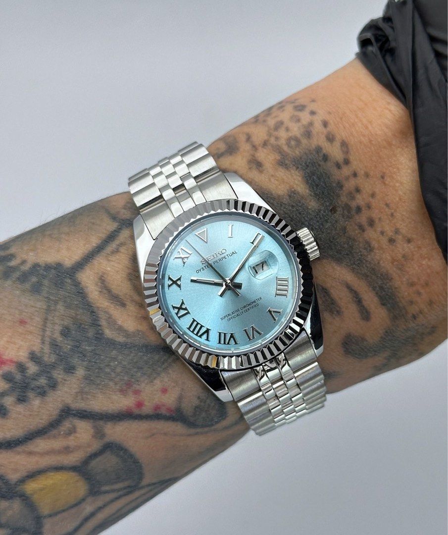 Custom Seiko Mod 31mm Ice Blue Roman Silver DateJust Automatic Watch ...