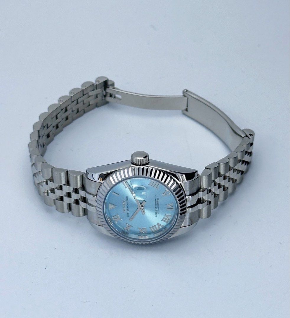 Custom Seiko Mod 31mm Ice Blue Roman Silver DateJust Automatic Watch ...