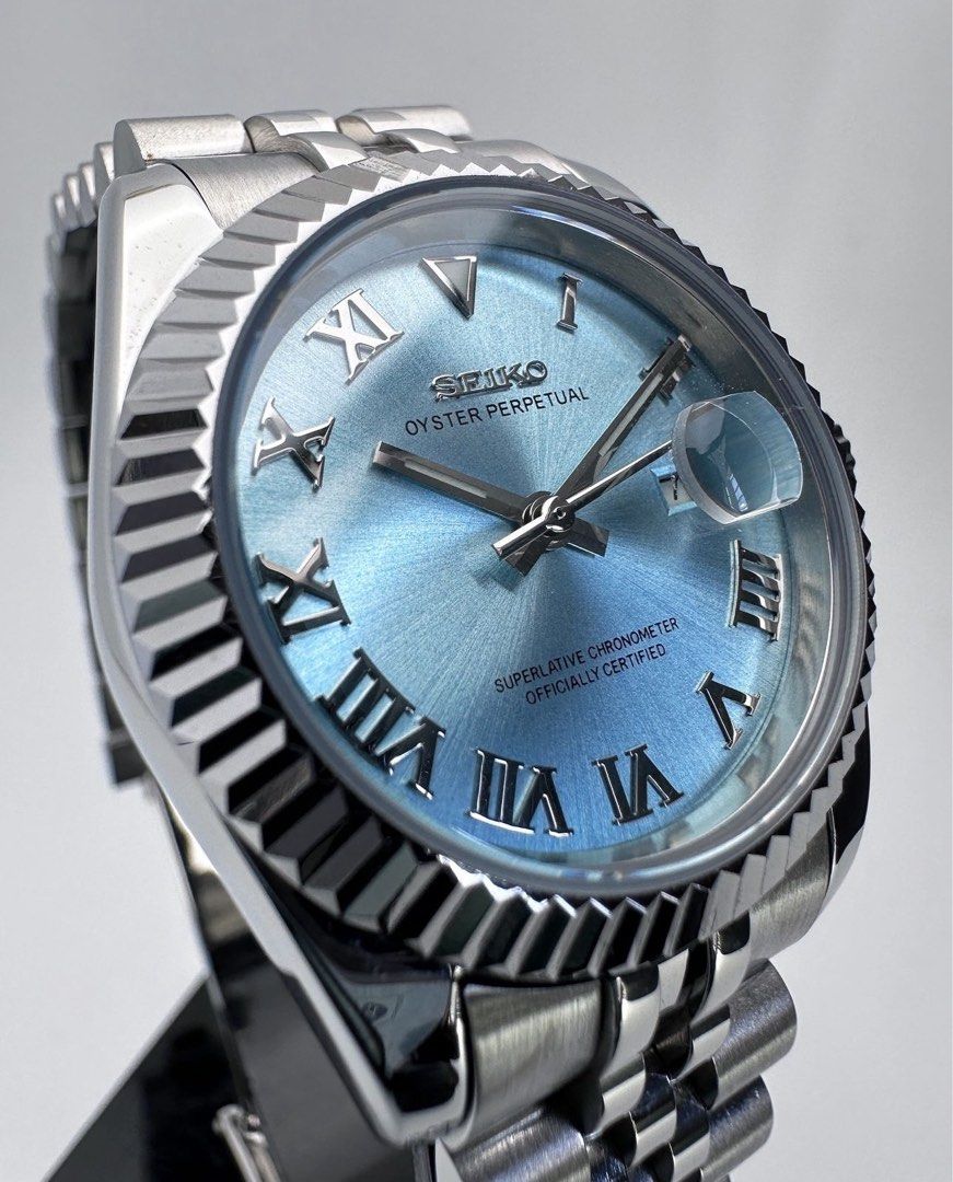 Custom Seiko Mod 31mm Ice Blue Roman Silver DateJust Automatic Watch ...