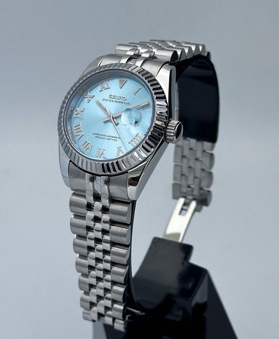 Custom Seiko Mod 31mm Ice Blue Roman Silver DateJust Automatic Watch ...