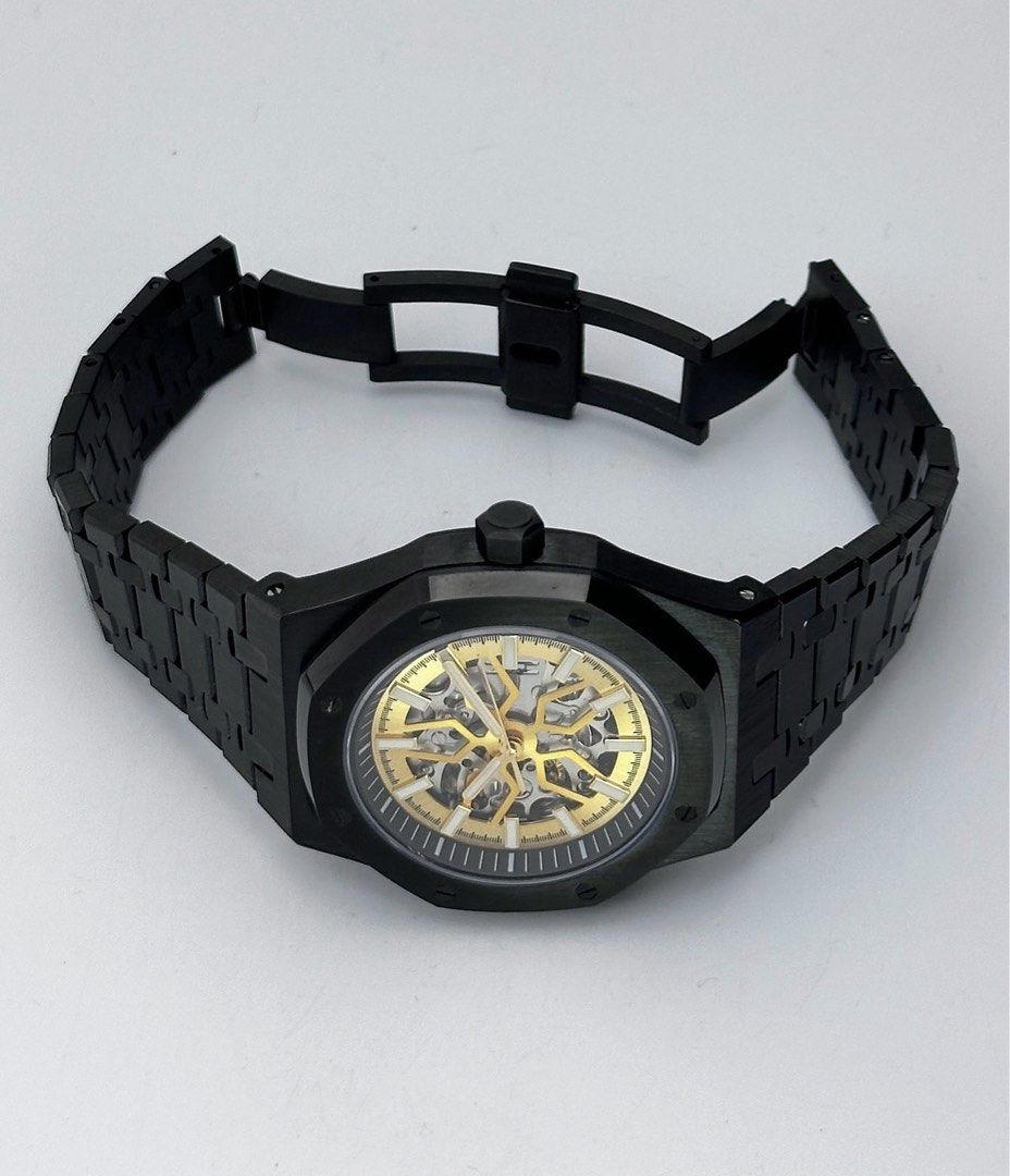 Custom Seiko Mod 42mm Gold Skeleton Black AP Automatic Watch, Men's ...