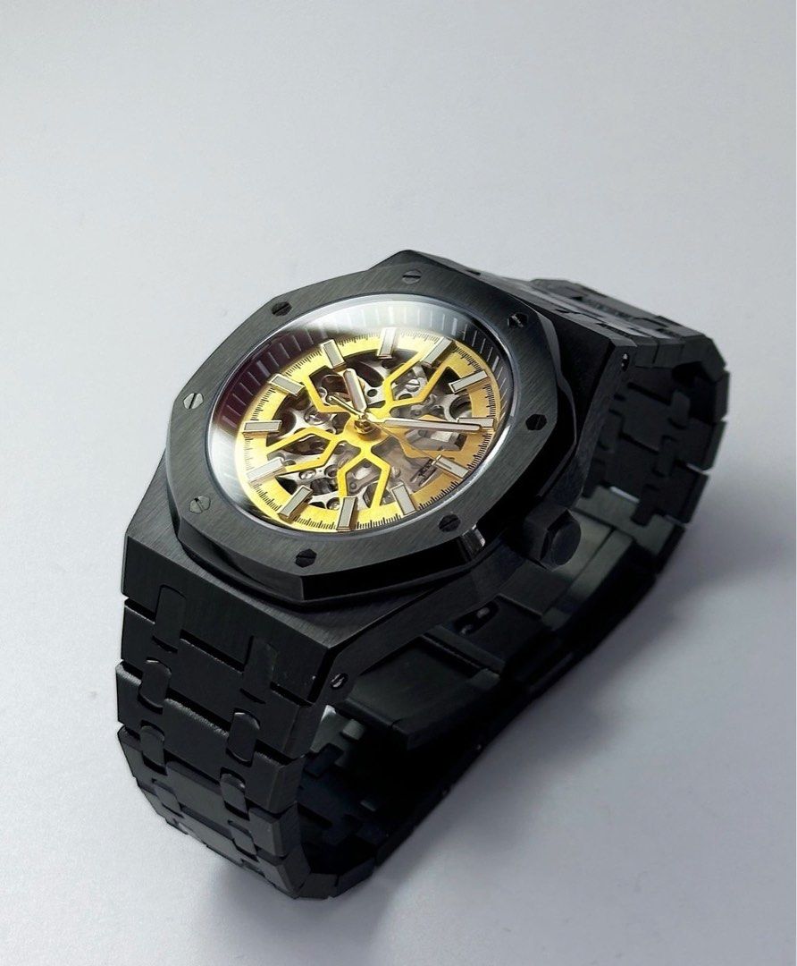 Custom Seiko Mod 42mm Gold Skeleton Black AP Automatic Watch, Men's ...