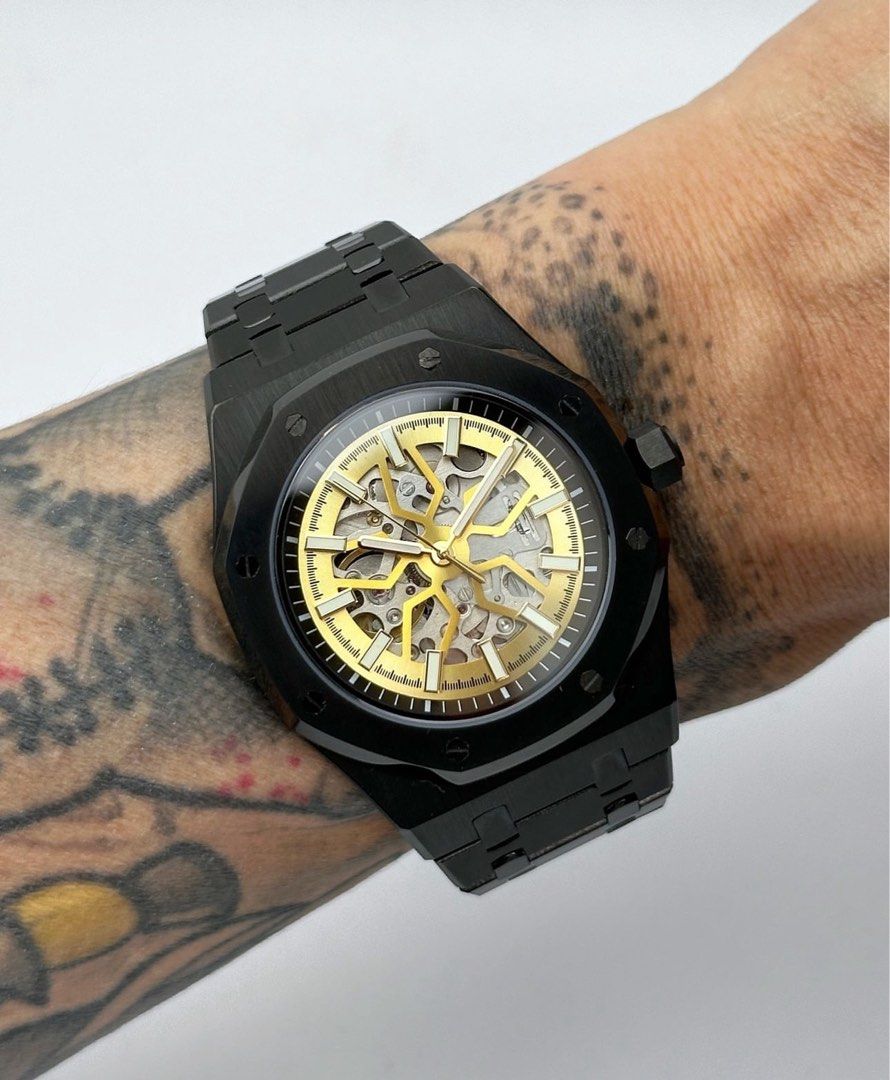 Custom Seiko Mod 42mm Gold Skeleton Black AP Automatic Watch, Men's ...