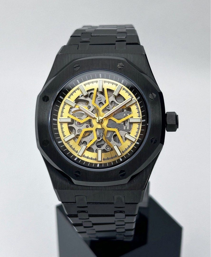 Custom Seiko Mod 42mm Gold Skeleton Black AP Automatic Watch, Men's ...