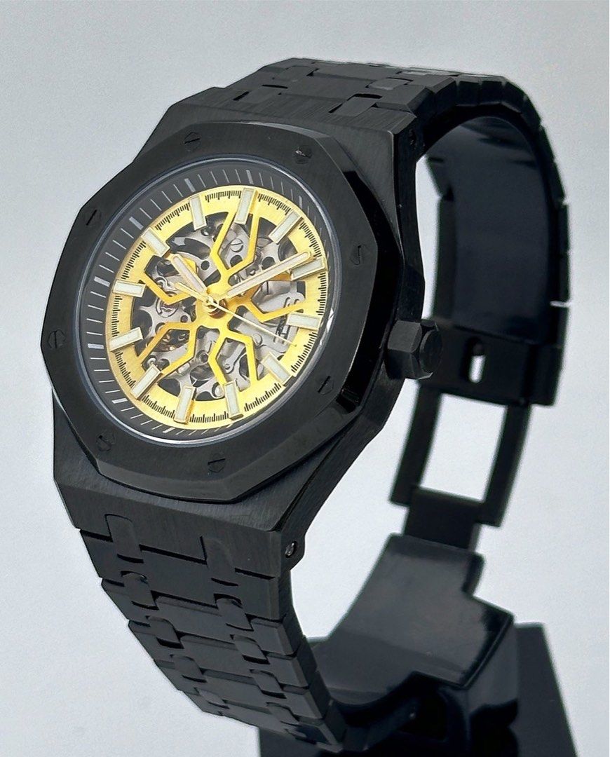 Custom Seiko Mod 42mm Gold Skeleton Black AP Automatic Watch, Men's ...