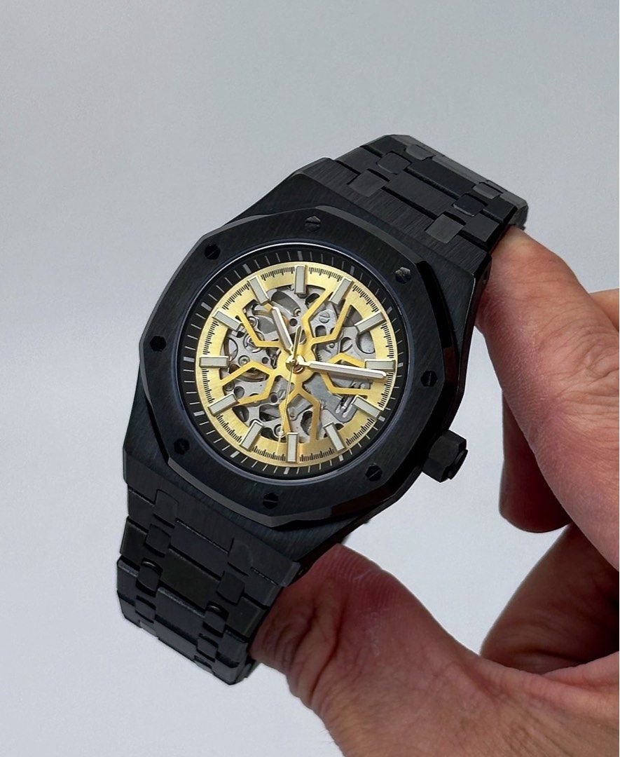 Custom Seiko Mod 42mm Gold Skeleton Black AP Automatic Watch, Men's ...