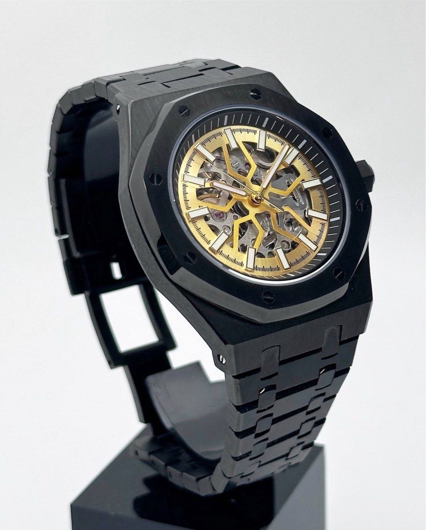 Custom Seiko Mod 42mm Gold Skeleton Black AP Automatic Watch, Men's ...