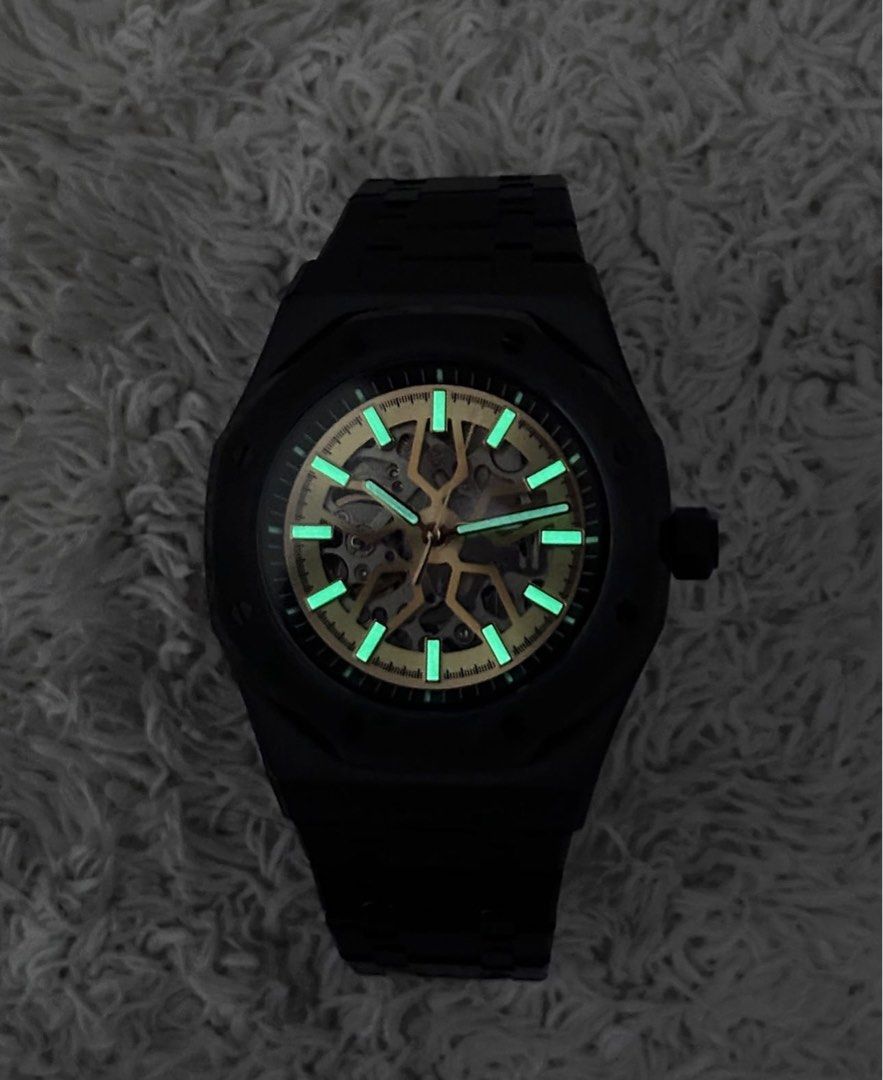 Custom Seiko Mod 42mm Gold Skeleton Black AP Automatic Watch, Men's ...