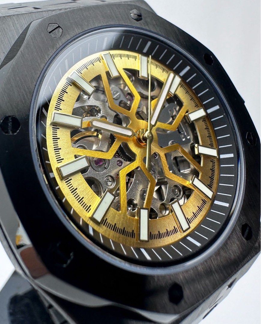 Custom Seiko Mod 42mm Gold Skeleton Black AP Automatic Watch, Men's ...
