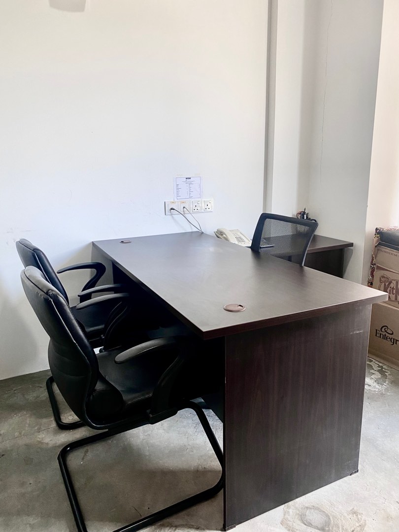 Dark Brown Wood Office Desk (with three chairs), Furniture & Home ...