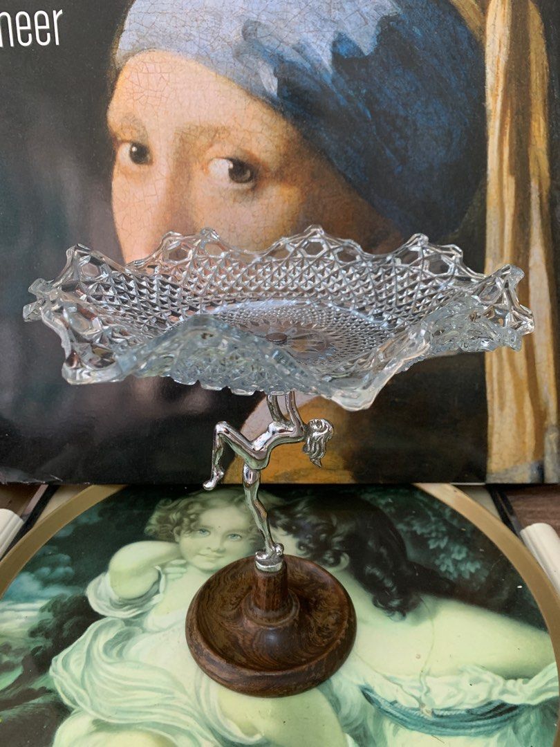 Vintage Art Deco Chrome Lady Glass Dish Centrepiece | wood Base | 24cm ...