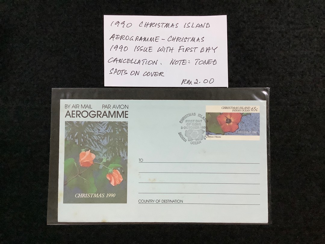 1990 Christmas Island Aerogramme-Christmas 1990 Issue With First Day Cancellation. Note: Toned ...