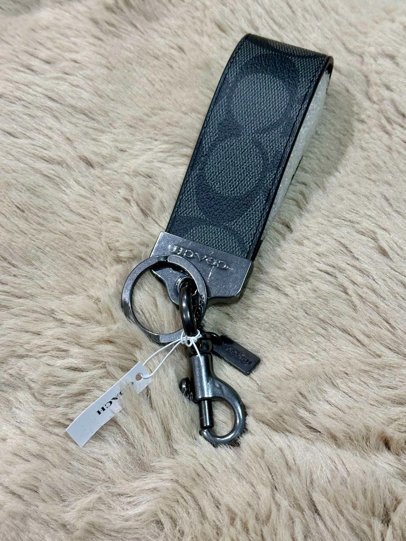 Coach Large Loop Key Fob In Signature Canvas Charcoal / Tan, Men's ...
