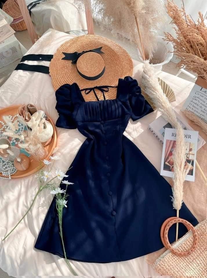 Navy Blue Puff Sleeve Formal Dress (Made in Vietnam), Women's Fashion ...