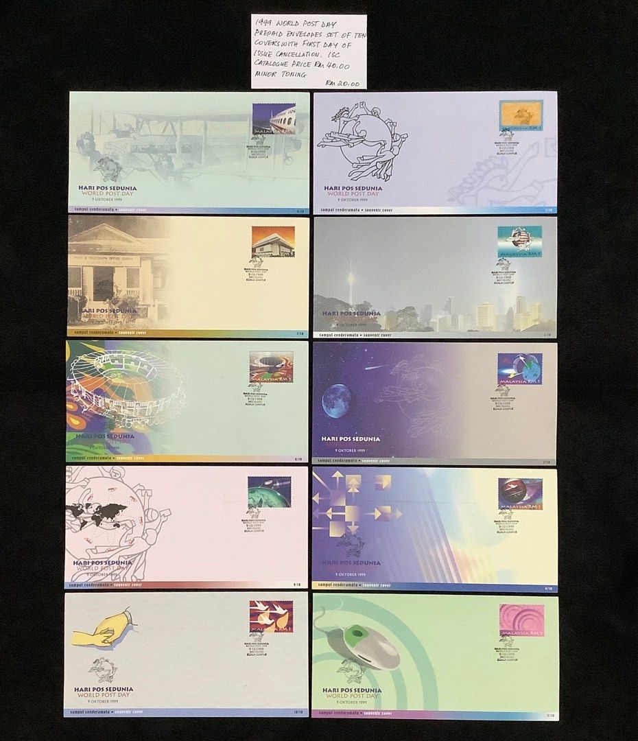 1999 World Post Day Prepaid Envelopes Set Of Ten Covers With First Day ...
