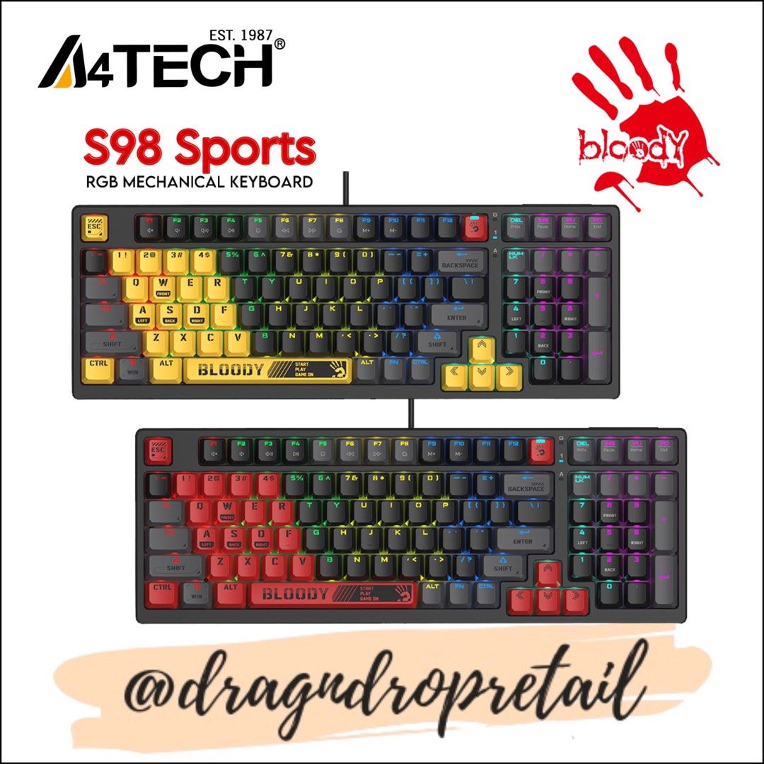 A4TECH BLOODY S98 Sports RGB Mechanical Gaming Keyboard, Hot Swappable, Quiet Typing- Red Switch ...