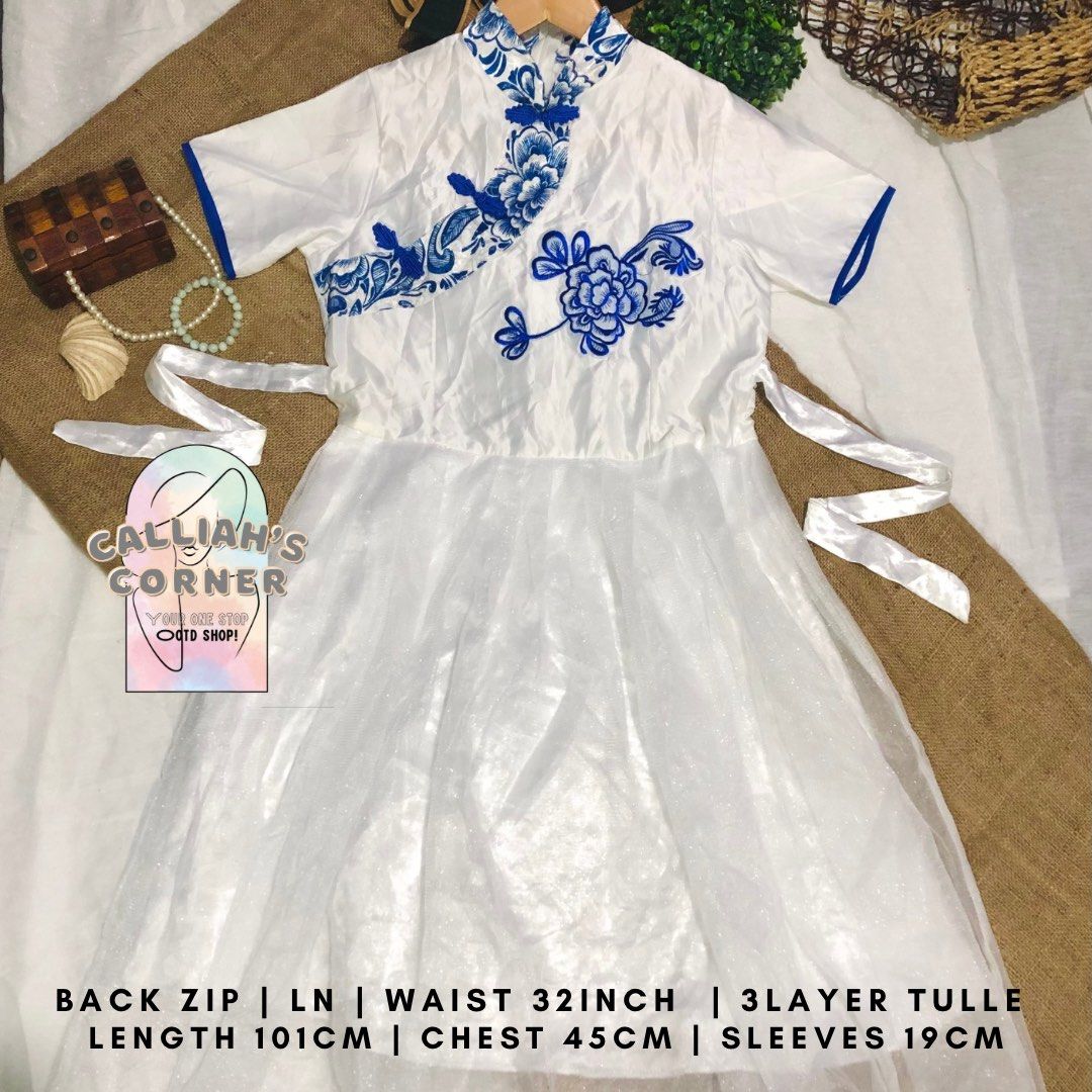 Blue white tulle Traditional Chinese Classical Dance Cheongsam Costume ...