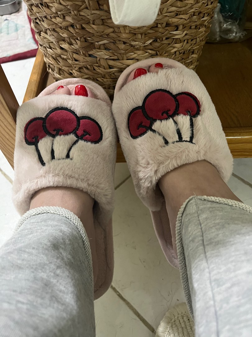 Cherry fluffy slippers coquette aesthetic, Women's Fashion, Footwear ...