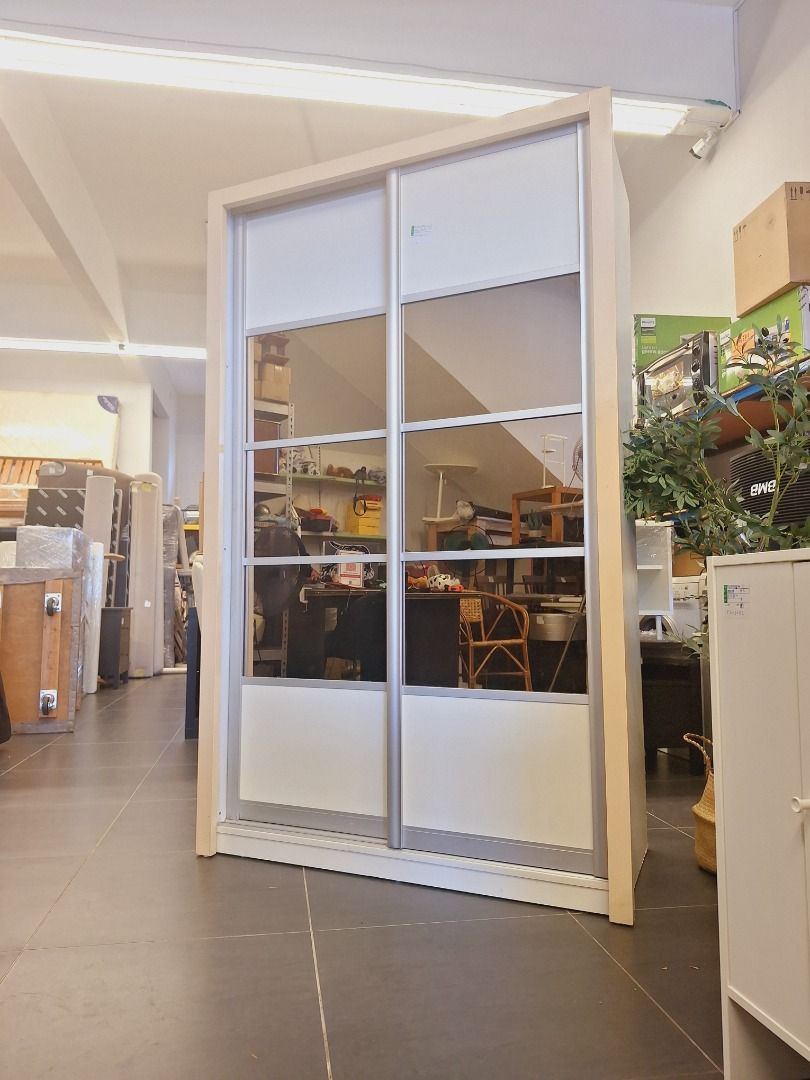 Modern Full Mirror White Wooden Anti-Jump Sliding Wardrobe | Almari ...