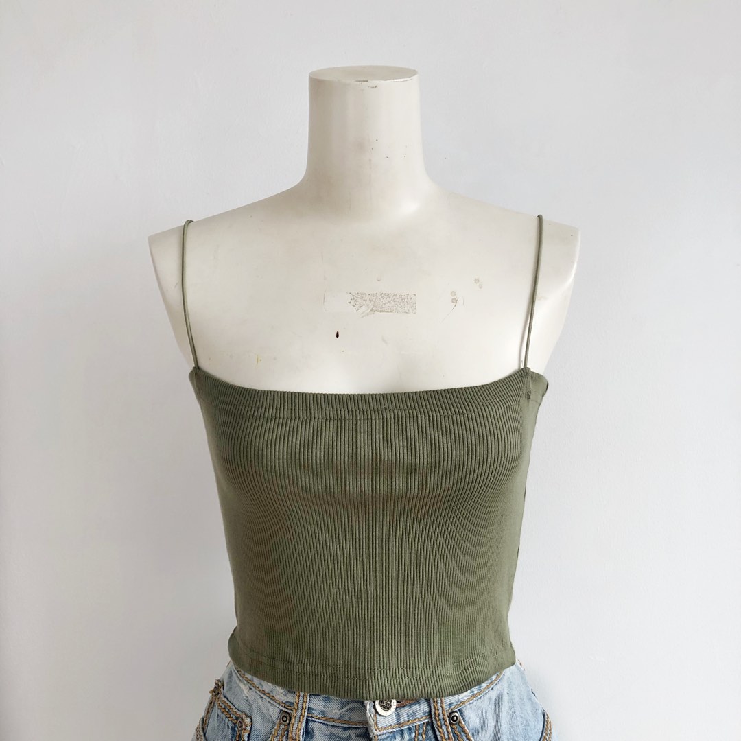 BRAND NEW CAMI STRING ARMY GREEN RIBBED KNIT BASIC CROP TOP, Women's ...