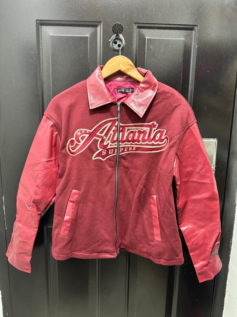 BURGUNDY RED COLLARED LEATHER SLEEVE VINTAGE ANTLANTA ZIP UP HIGH QUALITY JACKET, Women's ...