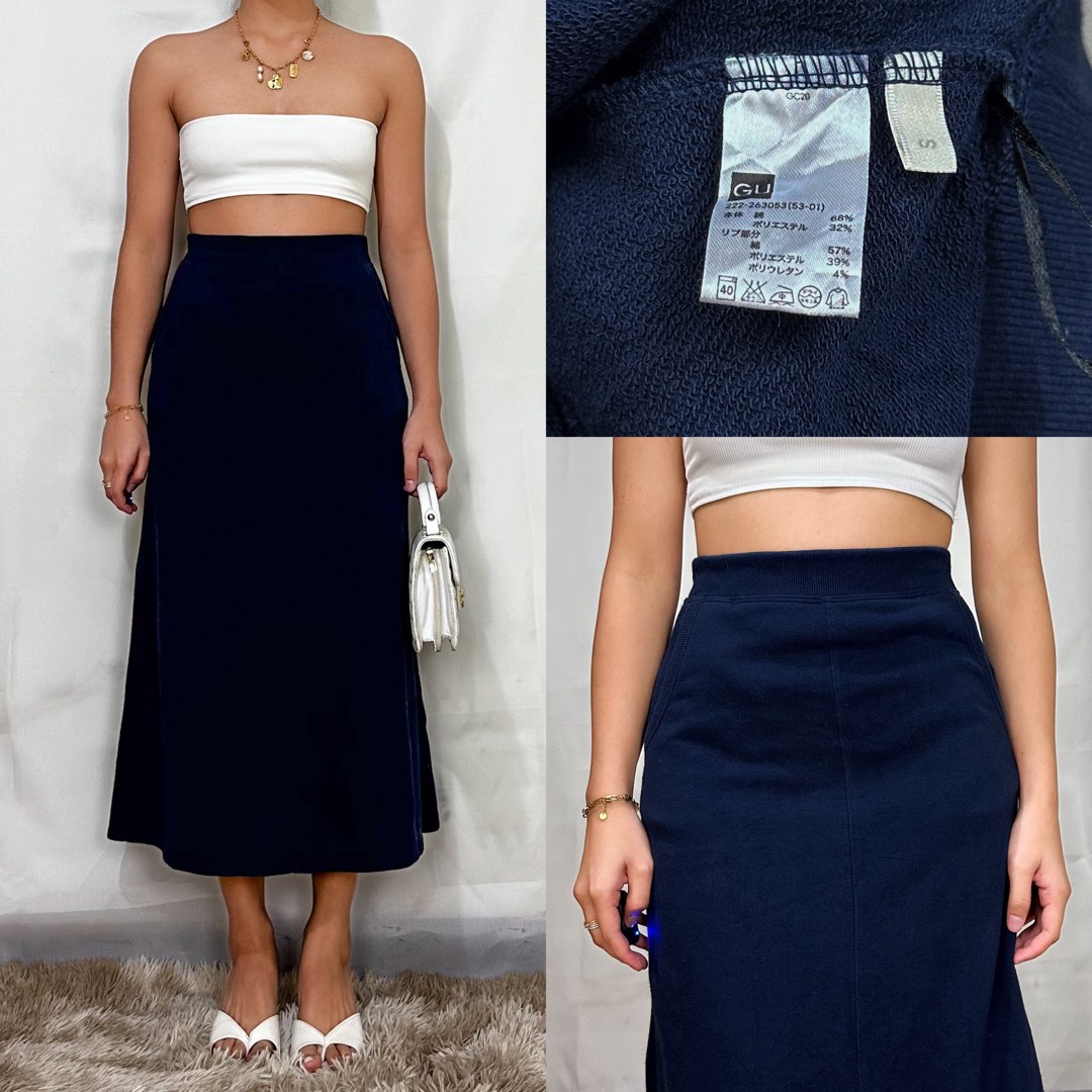 GU navy blue long maxi skirt, Women's Fashion, Bottoms, Skirts on Carousell