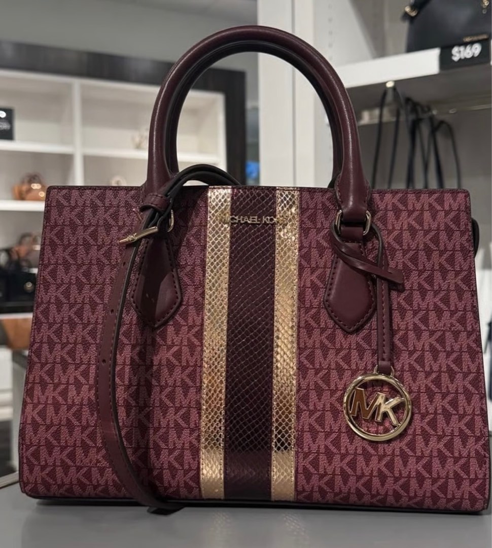 Michael Kors Sheila Medium Signature Logo and Metallic Satchel in Oxblood, Luxury, Bags ...
