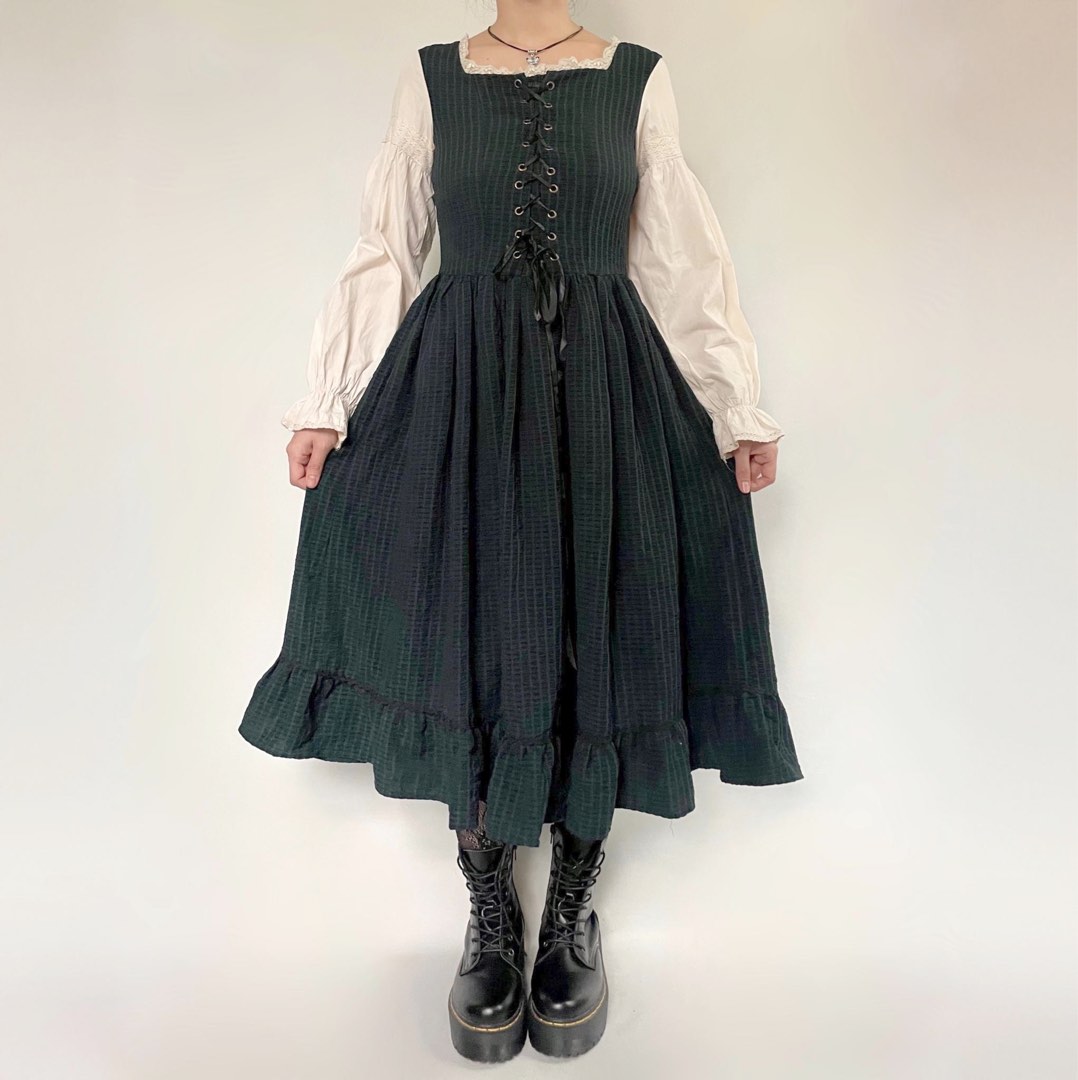 SD29. Dark Green Vintage Victorian/ French Style Lace Up Cottagecore Midi Dress | vintage dark ...