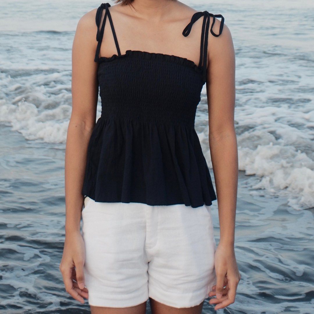 shein navy blue shirred peplum top, Women's Fashion, Tops, Sleeveless ...