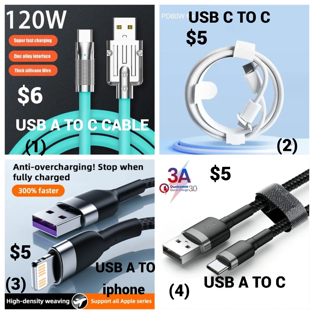 USB A TO C , USB C TO C , USB A TO IPHONE CABLES 1 MTR, Mobile Phones ...
