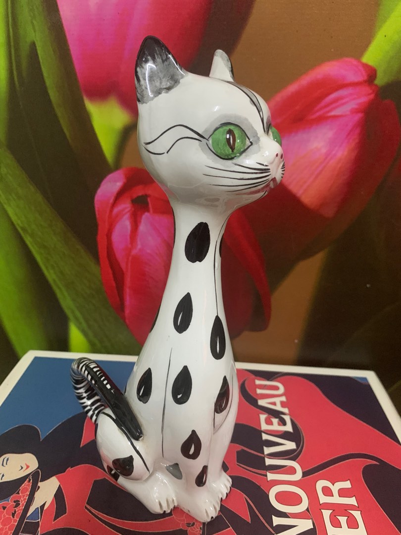 Vintage Italian Long Neck Cat. Midcentury Hand-Painted Ceramic Black ...