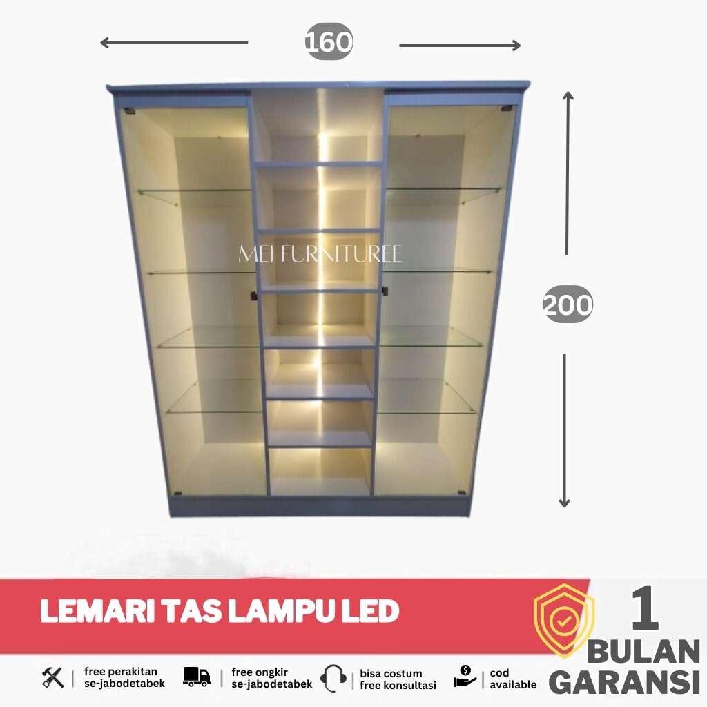 Lemari Tas 3 Pintu Lampu Led Kaca Transparan - Rak Tas Lampu Kaca ...